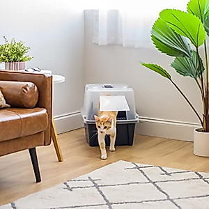 IRIS USA Large Split Hood Cat Litter Box with Front Door Flap and Scoop, Split Lid Hooded Kitty Litter Tray with Entry Gate for Privacy and Keeping Litter Inside, Navy