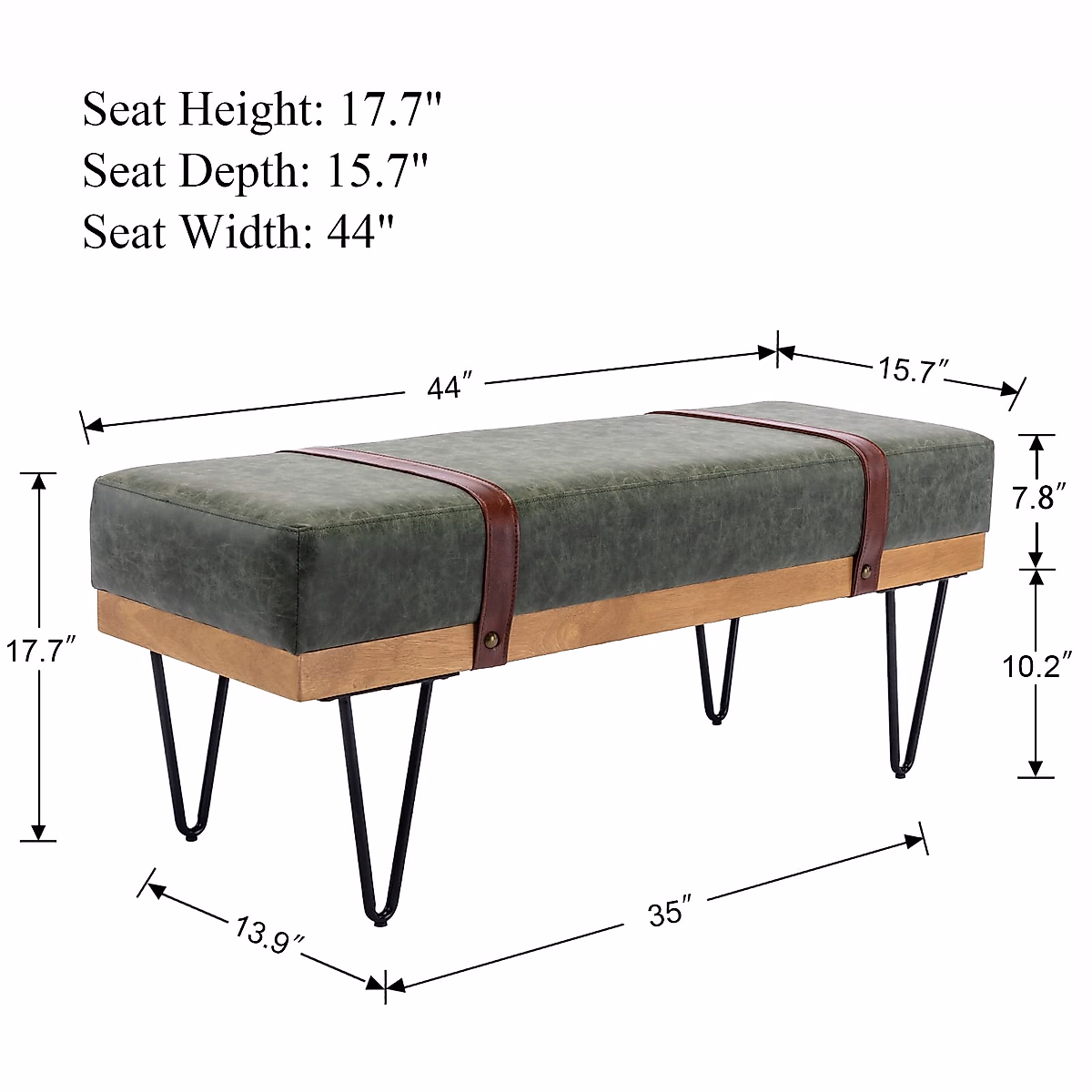 DUOMAY Industrial Modern PU Rectangle Ottoman Bench with PU Strap and Metal Legs, Mid Century Dining Table Bench Footstool Entryway Shoe Bench for Bedroom Dining Room Living Room, Green