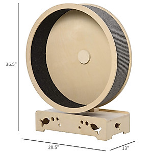 PawHut Round Hamster-Wheel Style Cat Exercise Wheel with Carpet Runway, Wooden Sisal-Covered with Unique Design Grey