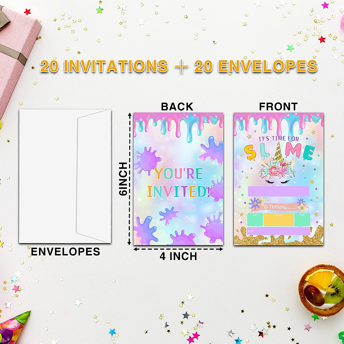 Ycyfckdr Slime Birthday Invitations for Kids, Magic Unicorn Birthday Party Invitation Cards, Gold Glitter Party Celebration Supplies Decoration -20 Fill in Invitations with Envelopes (B14)
