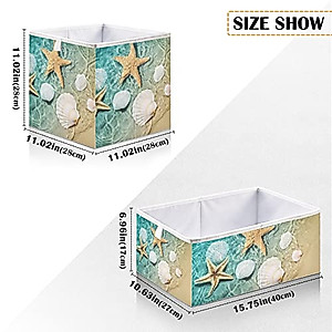Sletend Cube Storage Bins Ocean Beach Starfish Seashell Collapsible Storage Baskets Foldable Fabric Storage Box for Clothes, Toys 11" x 11" x 11"