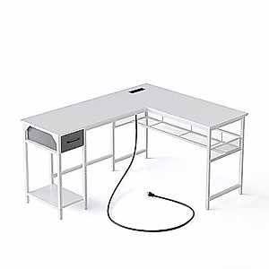 CubiCubi L Shaped 58 inch Computer Desk with LED and Storage Shelves, White