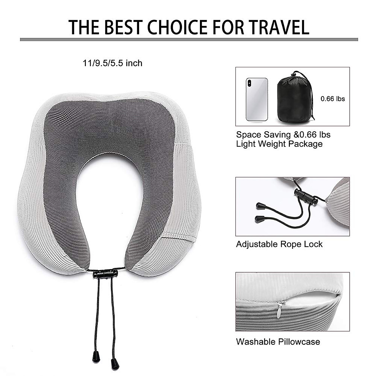 Travel Pillow, Memory Foam Neck Pillow with 360-Degree Head Support Comfortable Airplane Pillow with Storage Bag Lightweight Traveling Pillow for Sleeping, Car, Train, Bus and Home Use(Gray)
