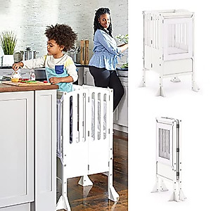 Guidecraft Contemporary Kitchen Helper® Stool and 2 Keepers - White: Wooden, Adjustable Height, Safety Folding Tower for Toddlers