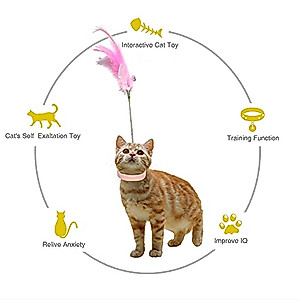 NELJIBEHU Cat Collar Funny Cat Stick,Interactive Cat Feather Toys with Bell,Pink Spring Cat Teaser Stick Toy , Used for Cat Indoor Play, Suitable for Old Kittens and Kittens to Exercise