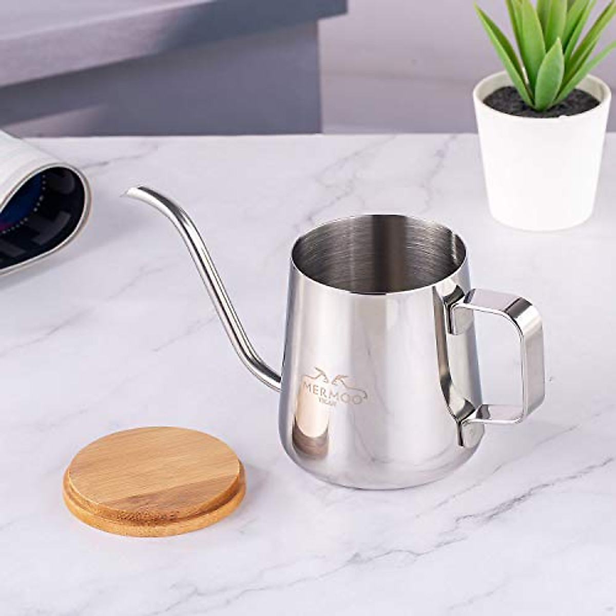 MERMOO YILAN Pour Over Drip Kettle 350ml Stainless Steel Gooseneck Coffee Kettle Long Narrow Spout Hand Drip Coffee Tea Pot with Lid