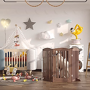 BHG No-Assembly Freestanding Dog Gate with Door, Extended Wide 120" Tall 36" Wooden Pet Gate, Accordion Folding Playpen Fence, 2PCS Support Feet Included, for The House - Espresso