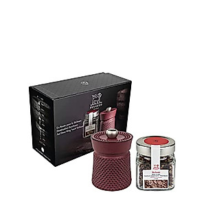 Peugeot Bali Fonte Cast Iron Pepper Mill 8cm-3 inch, Red. Gift Set includes a Peppercorn Spice Cube