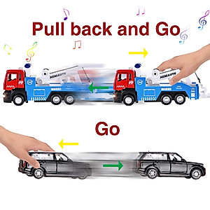 Winrayk 4Pcs Tow Truck Toys with Mini Toy Cars Set Pull Back Cars with Lights and Sound Trailer Transporter Vehicles Truck Toy, 1:50 Scale Metal Diecast Toy Trucks for Boys Girls 3 4 5 6 7 8 Years Old