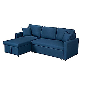 GLANZEND L-Shape Reversible Linen Sleeper Sectional Sofa with Storage Chaise, Corner Convertible Couch w/ 2 Throw Pillows for Living Room, Small Apartment, Dorm, Navy Blue, 57 Inch