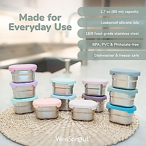 WeeSprout 18/8 Stainless Steel Condiment Containers - Set of 3 Small Dipping Sauce Cups (2.5 oz) with Lids, Pack in Kid/Adult Lunch Box, Leakproof Silicone Lids, Easy to Open, for Dips/Condiments