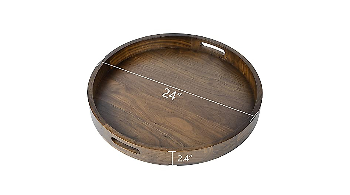 KINGCRAFT Large Round Ottoman Tray - Elegant Solid Black Walnut Serving