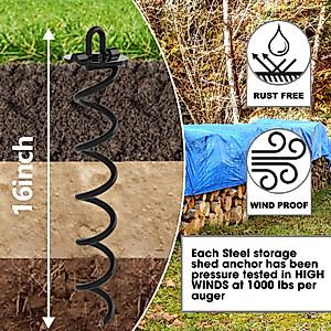 Eurmax USA 4-Pc Pack Spiral Stakes Heavy Duty Anchor Kit Ice Screw Anchor for Trampoline, Tents, tarps, Canopies,car Ports,Dog tie Out and etc Bonus Tie Down Straps 4-Pc Pack (Black)