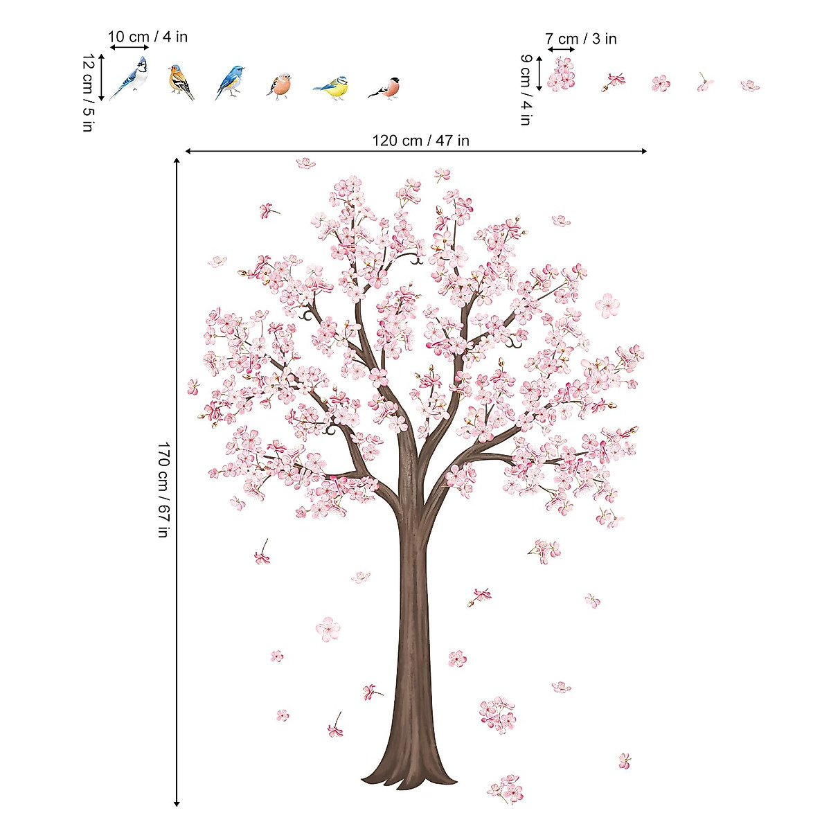 decalmile Large Pink Blossom Tree Wall Decals Flower Birds Branch Wall Stickers Living Room Bedroom Baby Nursery Wall Decor（H:128cm/50 Inches）