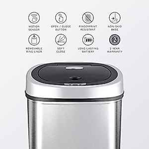 NINESTARS DZT-42-9 Automatic Touchless Infrared Motion Sensor Trash Can, 11 Gal 42L, Stainless Steel Base (Oval, Silver/Black Lid)