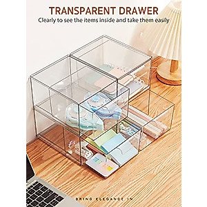 Syntus 4 Piece Set Stackable Makeup Organizer Drawers, 4.4'' Tall Acrylic Bathroom Storage Drawer, Plastic Cosmetics Storage Box for Vanity, Undersink, Skincare, Kitchen Cabinets, Pantry Organization