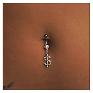 Rhinestone Dollar Sign Belly Button Ring Summer Navel Piercing Dangle Belly Button Rings Bars Bikini Waist Body Jewelry for Women (Silver)