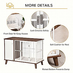 PawHut Wooden Dog Kennel, End Table Furniture with Cushion & Lockable Magnetic Doors, Small Size Pet Crate Indoor Puppy Cage, Grey