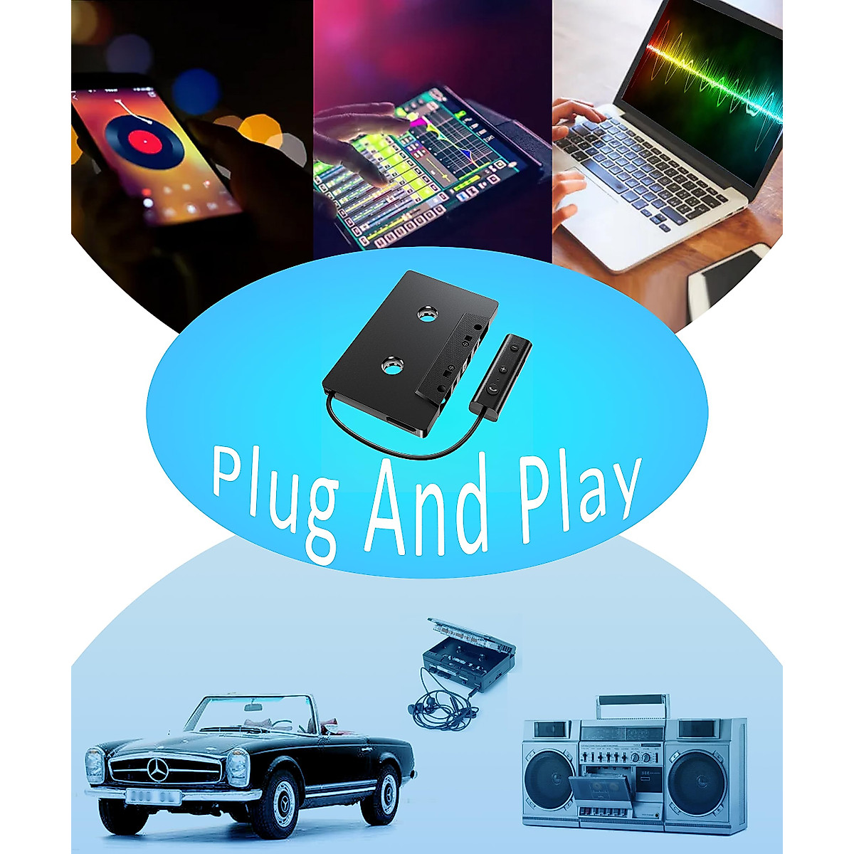 Car Audio Bluetooth Wireless Cassette Receiver, Bluetooth 5.0 Car Audio Stereo Cassette Vehicle Tape Converter Cassette Work While Charging Support TF Card