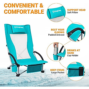 KingCamp Folding Backpack Beach Chair 2 Pack, Sturdy & Lightweight High Back Camping Chair with Headrest, Cup Holder, Seatback Pocket, for Outdoor Sand
