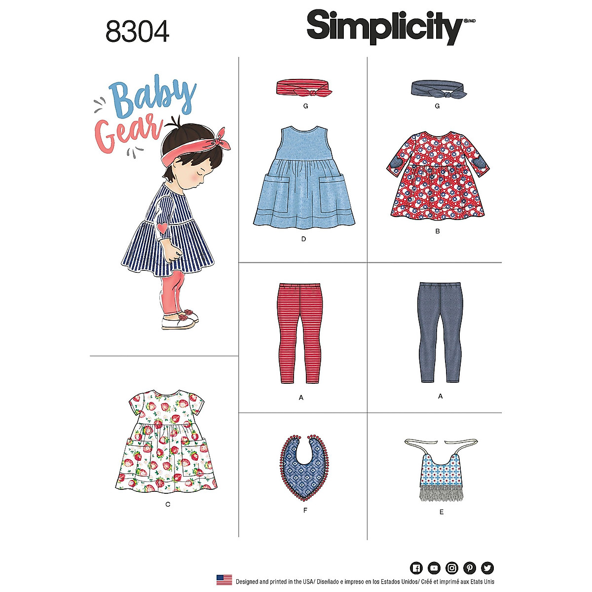 Simplicity US8304A Baby Gear Toddler's Leggings, Dress, Bibs, and Headband Sewing Patterns, Sizes XXS-L