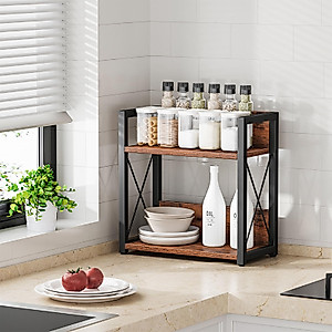 Giikin Counter Shelf Organizer, 2 Tier Kitchen Spice Rack for Countertop, Wood Coffee Counter Organizer for Home (Rustic Brown)