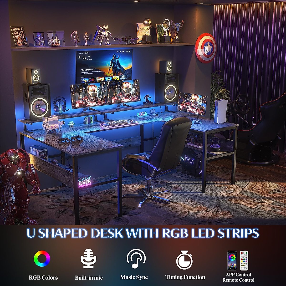 Hyomdeck Customizable U Shaped Desk & L Shaped Office Desks with RGB LED Light, Adjustable Monitor Stand and Power Outlets, Reversible Computer Desk with Storage, Large L Shape Gaming Table, Black Oak