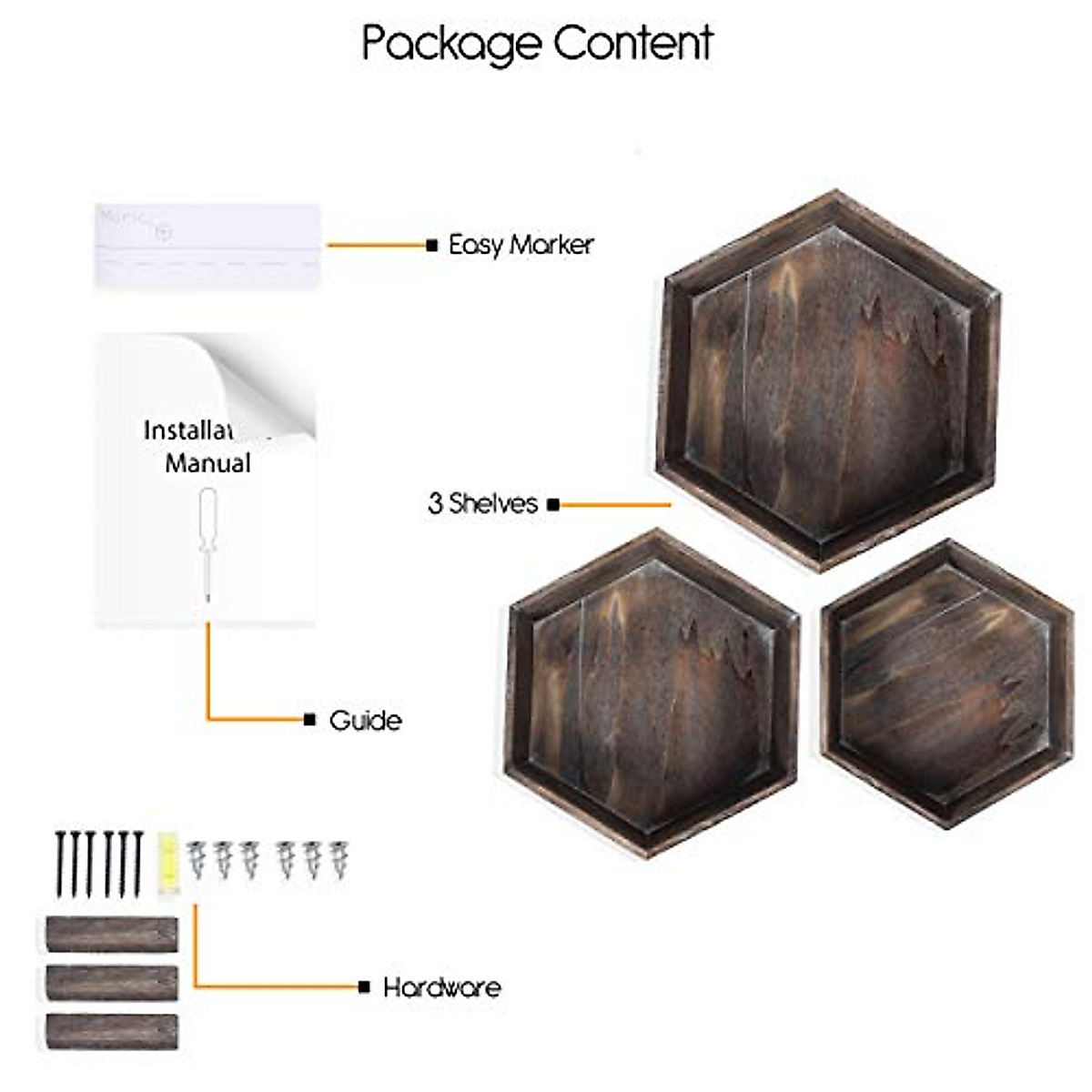 Rustic State Brooks Wall Mount Hexagon Honeycomb Box Geometric Floating Shelf Display Hanging Bookshelf Decorative Picture Ledge with Wood Back - Distressed Walnut - Multi Sizes - Set of 3