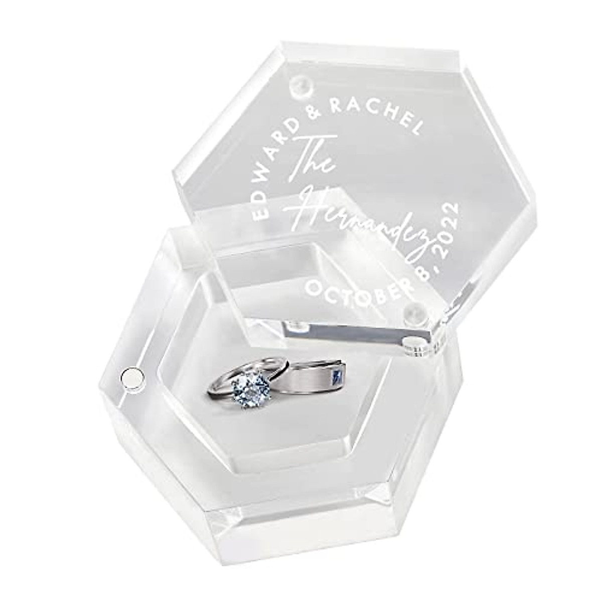 JFLL Personalized Clear Hexagon Wedding Ring Box，Engraved Romantic Wedding Jewelry Bearer Box, Engagement Proposal Ring Storage Gift, Modern Ring Dish，Custom Names & Date, Transparent