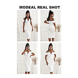 AlvaQ Women Off The Shoulder Evening Bodycon Club Midi Dress XX-Large White
