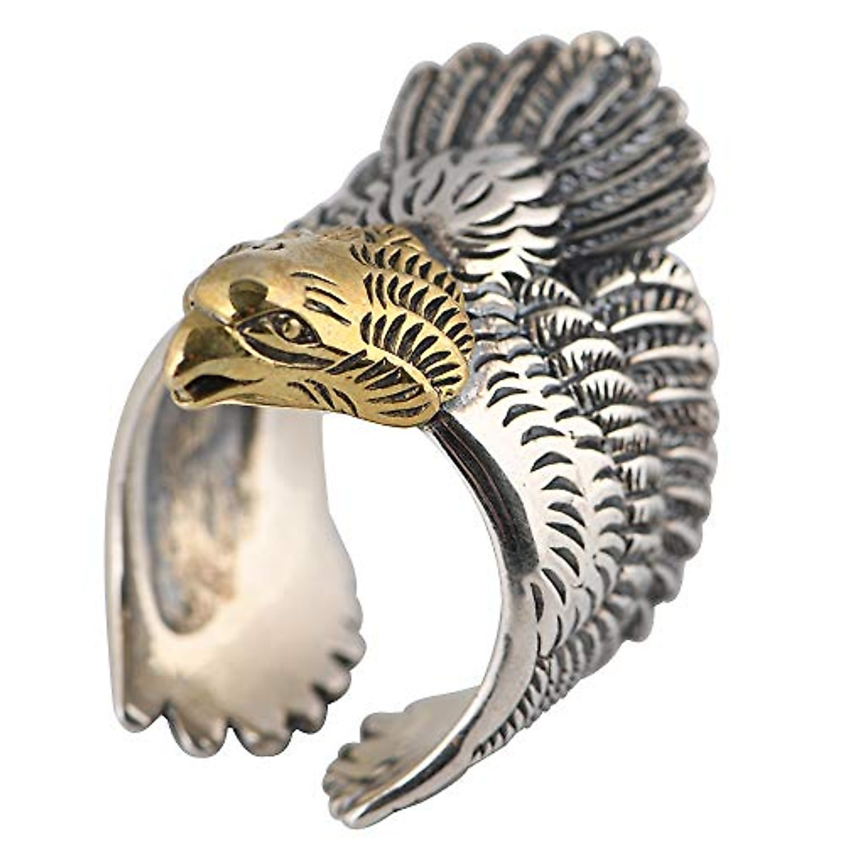 Two Tone Flying Eagle Ring with Golden Head Vintage 925 Sterling Silver Hawk Ring for Men Women Open Adjustable