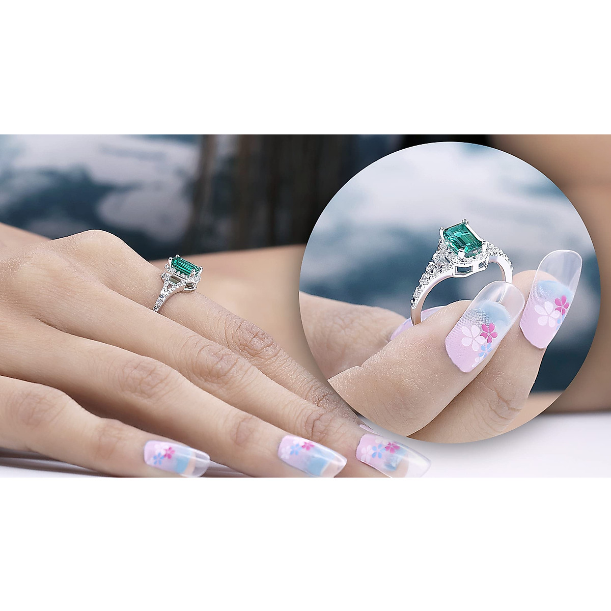 Dazzlingrock Collection 7x5mm Lab Created Emerald & Round White Diamond Halo Split Shank Engagement Ring for Women in 925 Sterling Silver Size 5.5