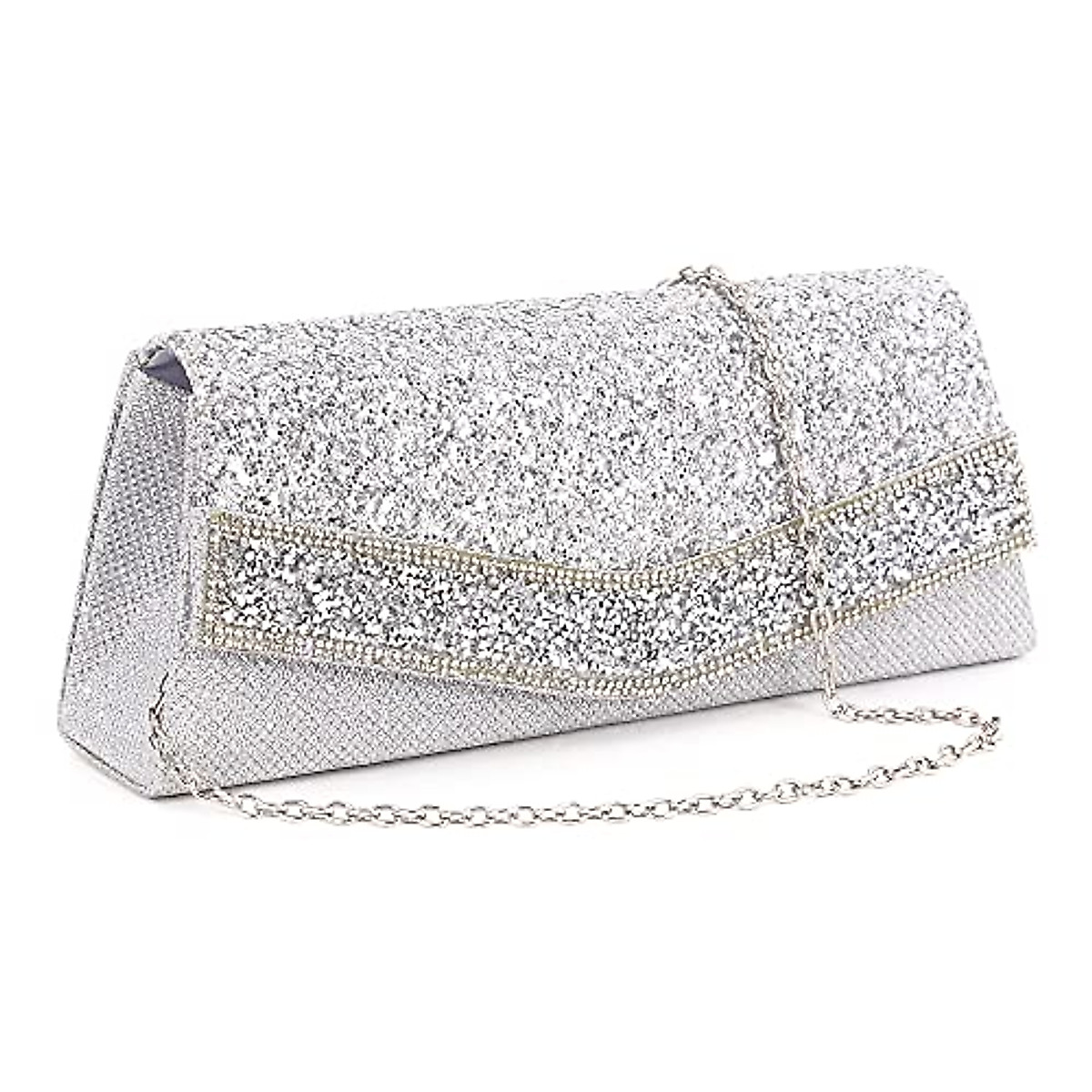 Gabrine Womens Evening Shoulder Bag Handbag Clutch Purse Shiny Sequins Rhinestone for Wedding Prom Party(Silver)