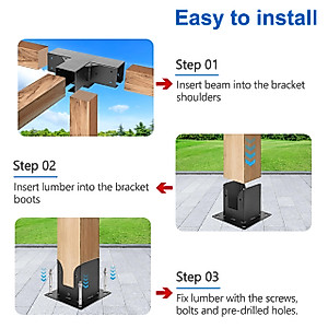 Wood Pergola Kit Bracket 4x4 – Stainless Steel 3-Way Pergola DIY Corner Bracket kit for 4x4 Wooden Beams for Gazebos, Patio Pergolas, Sheds, Black Finish (2 Pack)