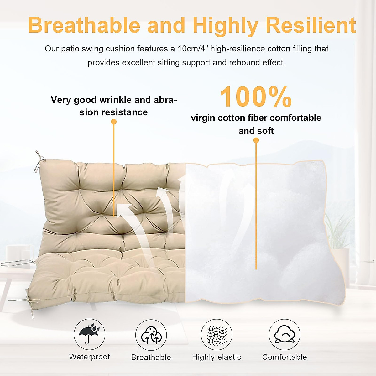 NANGELRN Porch Swing Cushion with Backrest,Waterproof Bench Cushion for Outdoor Furniture,2-3 Seater Replacement Thickened Swing Cushion with Ties,Patio,Outdoor,Backyard and Garden (Khaki,40x40)