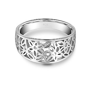 BORUO 925 Sterling Silver Ring, High Polish Tarnish Resistant Comfort Fit Victorian Leaf Filigree Vintage Style Ring Size 8