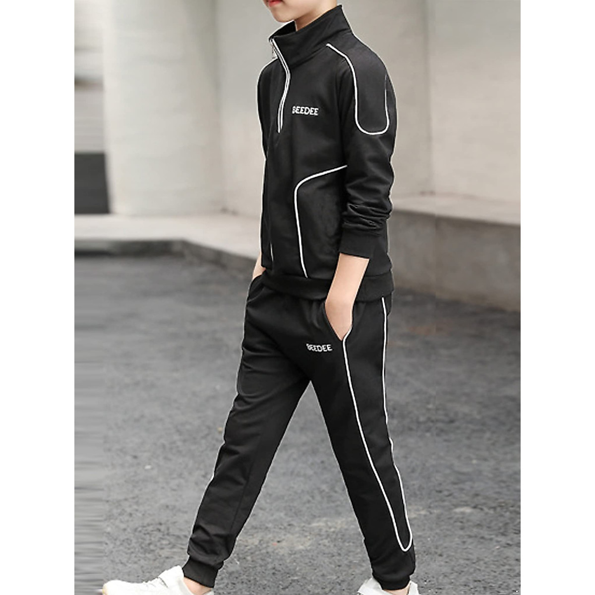 Hansber Kids Boys 2 Piece Tracksuit Sweatsuit Zip Up Turtleneck Long Sleeve Sweatshirt with Sweatpants Set Black 7-8 Years