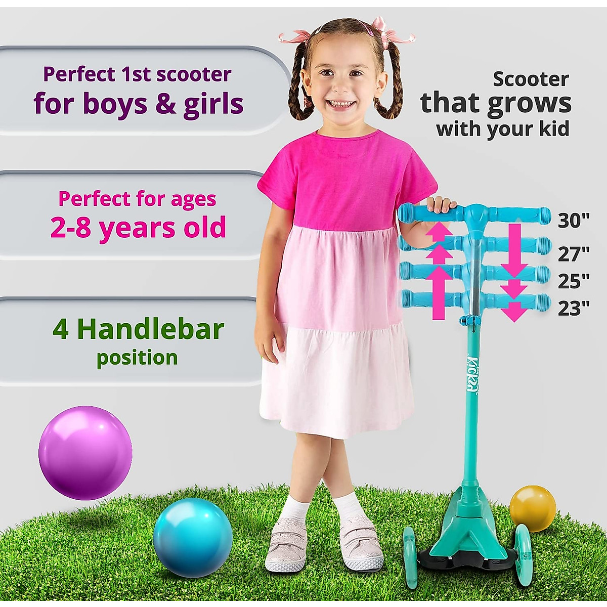 Kicksy - Kids Scooter - Toddler Scooter for Kids 2-5 Adjustable Height - 3 Wheel Scooter for Kids Ages 3-5 Boys & Girls - Kids Three Wheel Scooter with Light Up LED Wheels