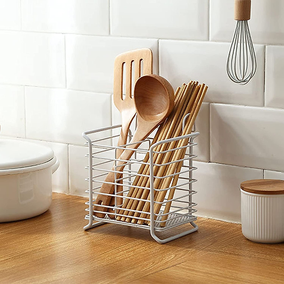 ceramic Utensil Caddy Iron Chopsticks Holder， Hanging Cutlery Drying Basket Draining Chopsticks Rack， Tableware Organizer Pen Holder chopstick holder (Color : Black)