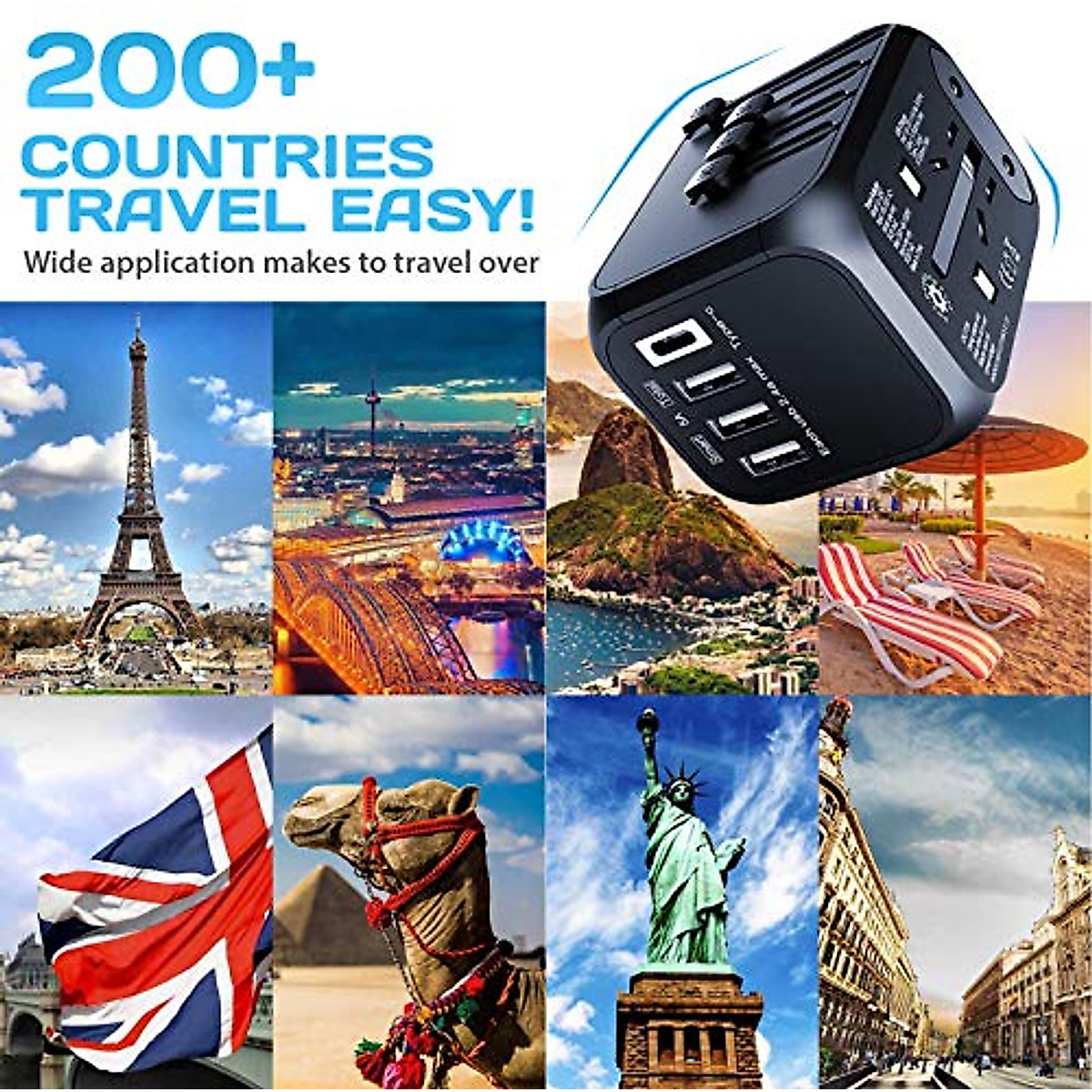 Universal Travel Adapter - International Worldwide Plug Kit, Type C + 3 USB Power Charger, 200 Countries - UK, European, Asia, Israel, India, Italy, Argentina, France, New Zealand, Australia and etc.