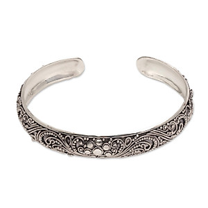 NOVICA Artisan Handmade Sterling Silver Cuff Bracelet Swirl Motif from Bali No Stone Indonesia [6 in L (end to End) x 0.4 in W] ' Shrine Swirls'