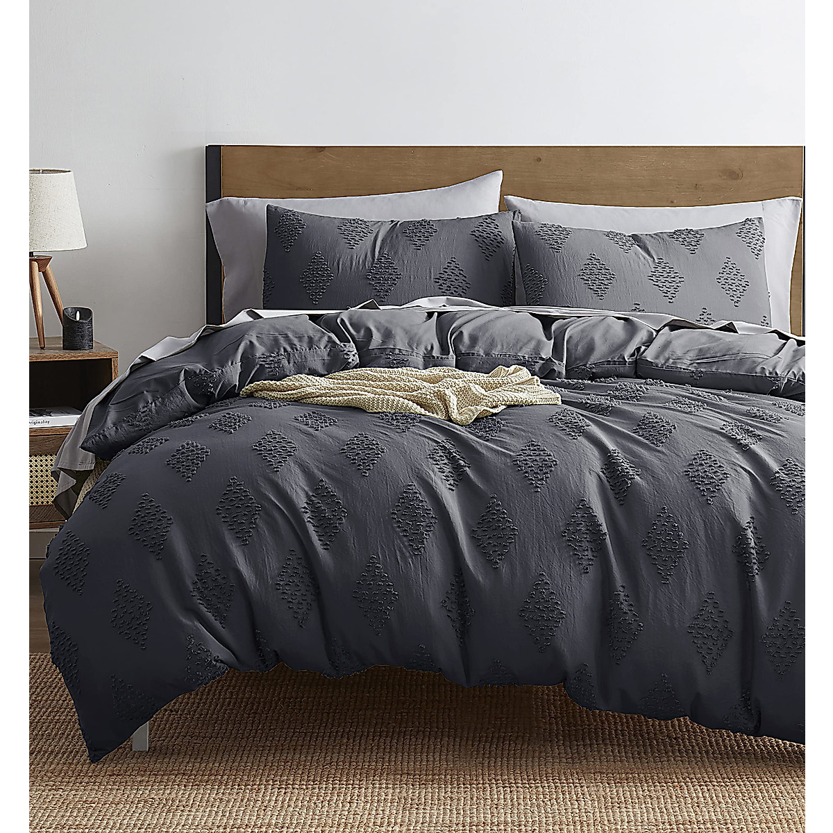 Nestl Boho Bedding Queen - Grey Duvet Cover Queen Size, Textured Queen Duvet Cover Set, 3 Piece Tufted Boho Duvet Cover with Zipper Closure, 1 Queen Size Duvet Cover 90x90 Inches and 2 Pillow Shams