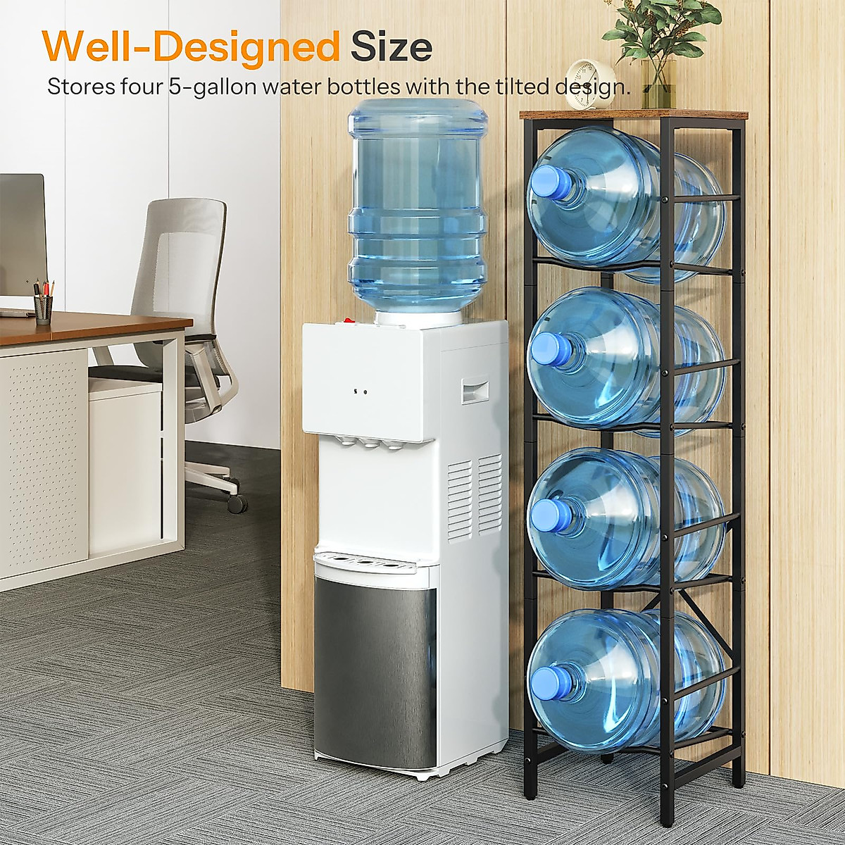 HOOBRO Water Jug Rack, Water Bottle Holder, 5 Gallon Water Jug Rack, 4-Tier Water Bottle Stand, Water Jug Stand, for Kitchen, Living Room, Office, Rustic Brown and Black BF02ST01
