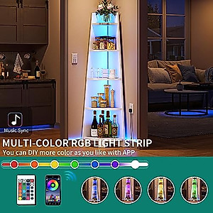 YITAHOME Corner Shelf Stand with Led Light, 70.9" Ladder Corner Bookshelf, Modern 5 Tier Corner Bookcase, Wooden Open Display Shelving Storage Rack for Bedroom, Living Room, Home Office, White