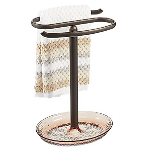 mDesign Steel Fingertip Towel Rack Stand with Base Tray - Towel Holder, Towel Bar for Bathroom, Kitchen, Powder Room - Holds Hand Towel, Washcloths - Rain Collection - Bronze/Brown