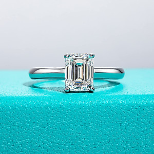 AnuClub 2cttw Emerald Cut Moissanite Solitaire Engagement Rings D Color VVS1 18K White Gold Plated 925 Sterling Silver Anniversary Wedding Promise Ring, Christmas Gift for Women 7.5