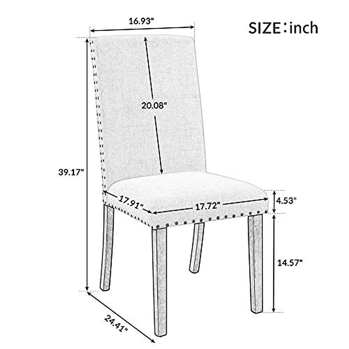 Winwee Dining Chairs with Copper Nails and Solid Wood Legs Upholstered Armless Dining Chair with High Back Upholstered Stools, Cotton-Linen Blend Fabric Set of 2 (Beige)