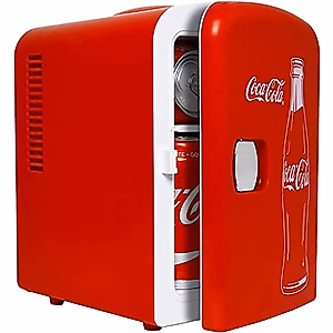 Coca-Cola Classic Coke Bottle 4L Mini Fridge w/ 12V DC and 110V AC Cords, 6 Can Portable Cooler, Personal Travel Refrigerator for Snacks Lunch Drinks Cosmetics, Desk Home Office Dorm, Red