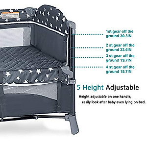 Heyo.Ja Portable Baby Playard, 4 in 1 Pack and Play, Baby Bedside Sleeper with Bassinet, Changing Table, Foldable Bassinet Bed with Luxury Mosquito Net for Boys Girls Infant(Gray)
