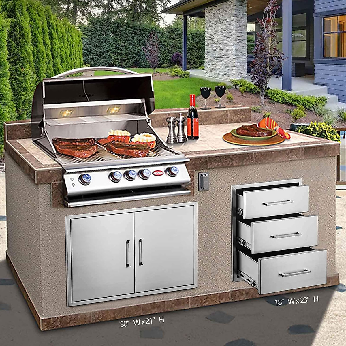 Outdoor Kitchen Drawer Stainless Steel 3-Drawer, BBQ Island Built-in Drawer Weatherproof, Flush Mount for Outdoor Kitchen and Grill Station (17"W*30"H*21“D)